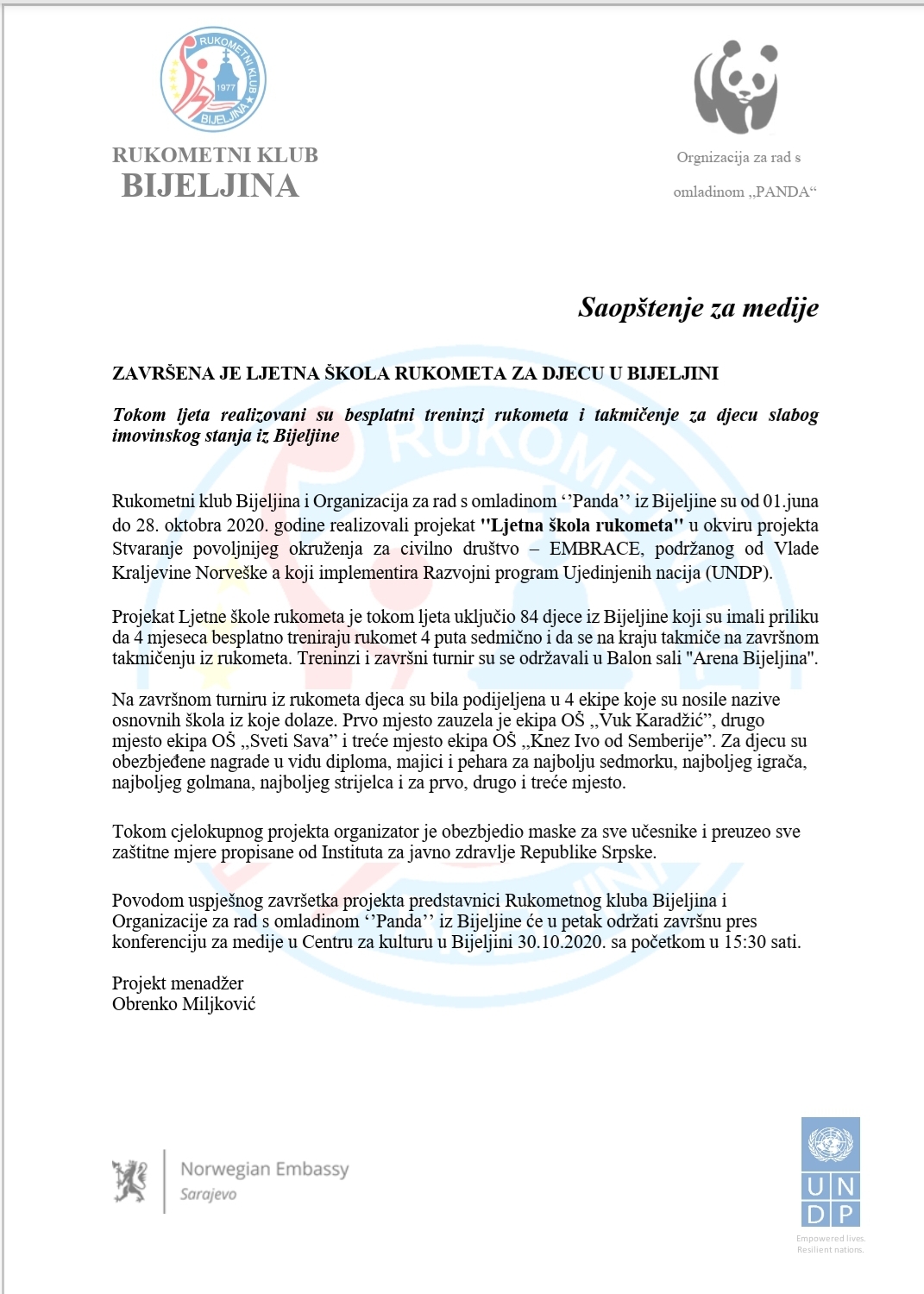 Saopštenje za medije – Rukometni klub "Bijeljina"